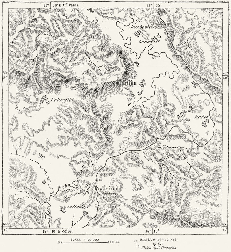 POSTOJNA. Caverns of(Adelsberg)sketch map c1885 old antique plan chart ...