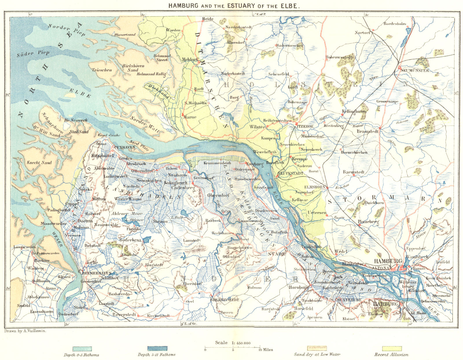 GERMANY. Hamburg & Estuary of Elbe c1885 old antique vintage map plan ...