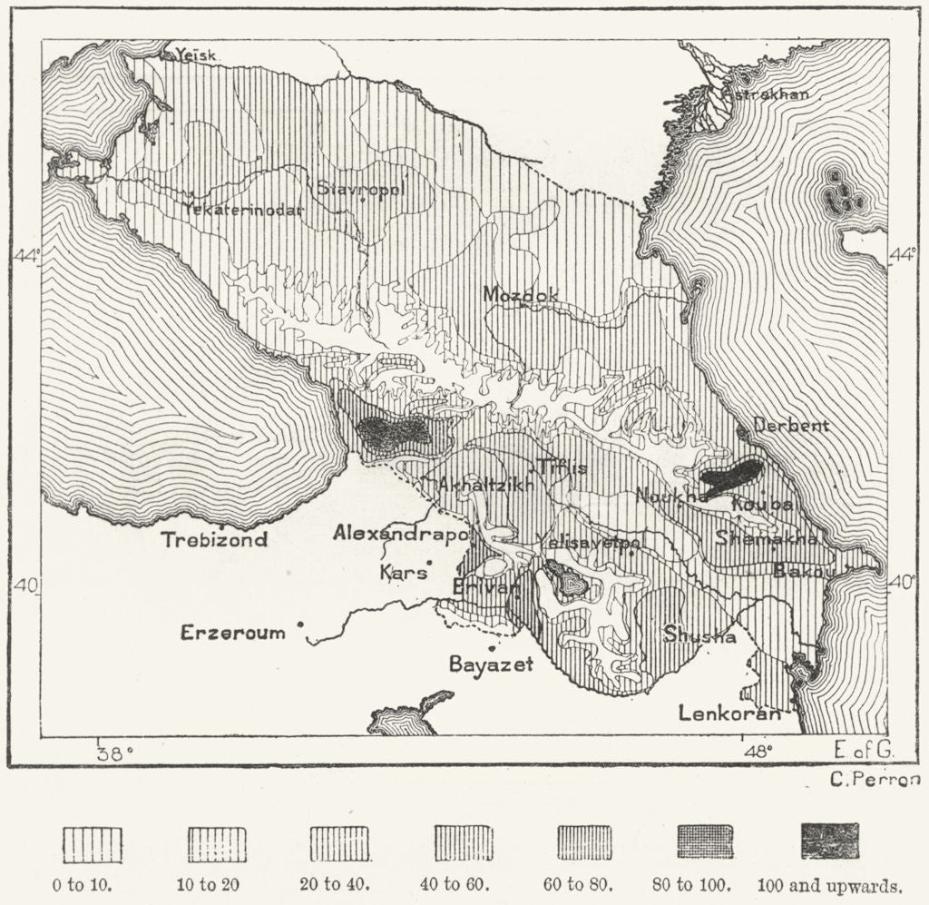 CAUCASUS. Density population 1873, sketch map c1885 old antique plan ...