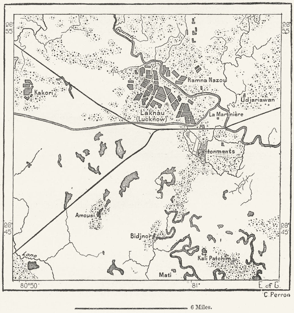INDIA. Lucknow area, sketch map c1885 old antique vintage plan chart ...