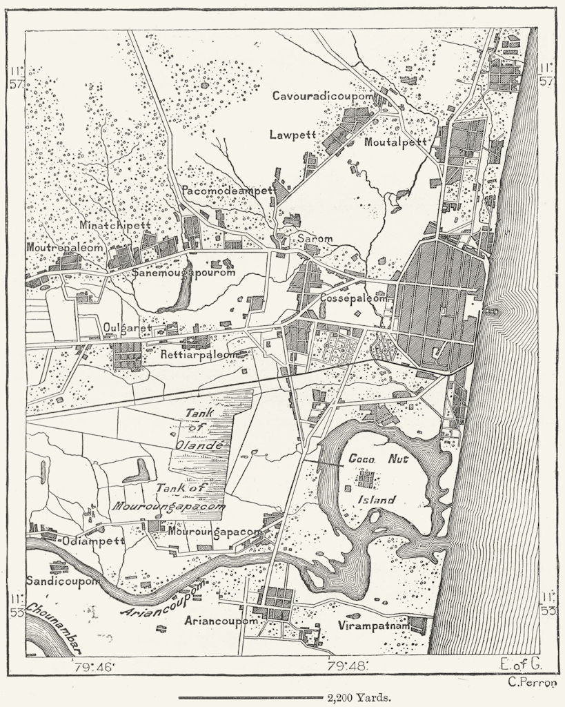INDIA. Puducherry, sketch map c1885 old antique vintage plan chart ...