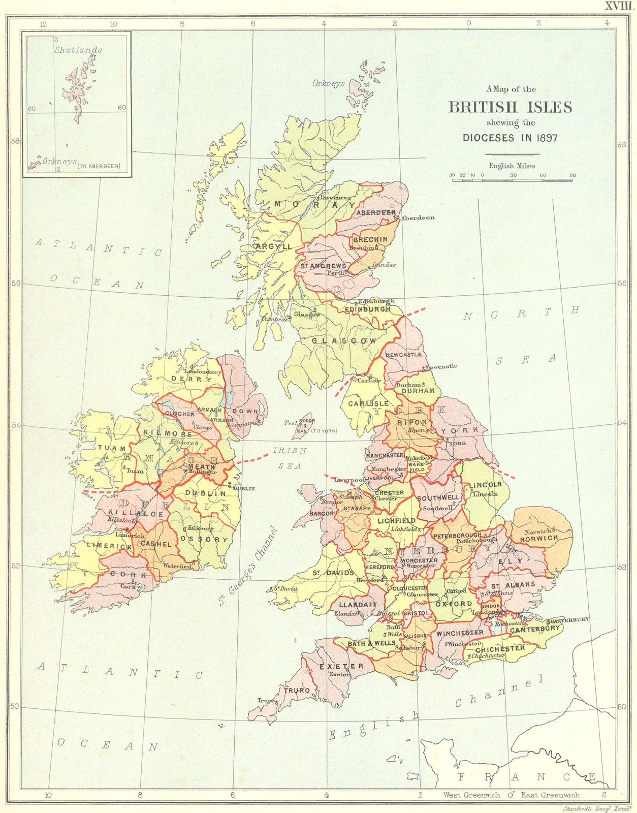 BRITISH ISLES DIOCESES IN 1897. Anglican Church Ecclesiastical. UK 1897 ...