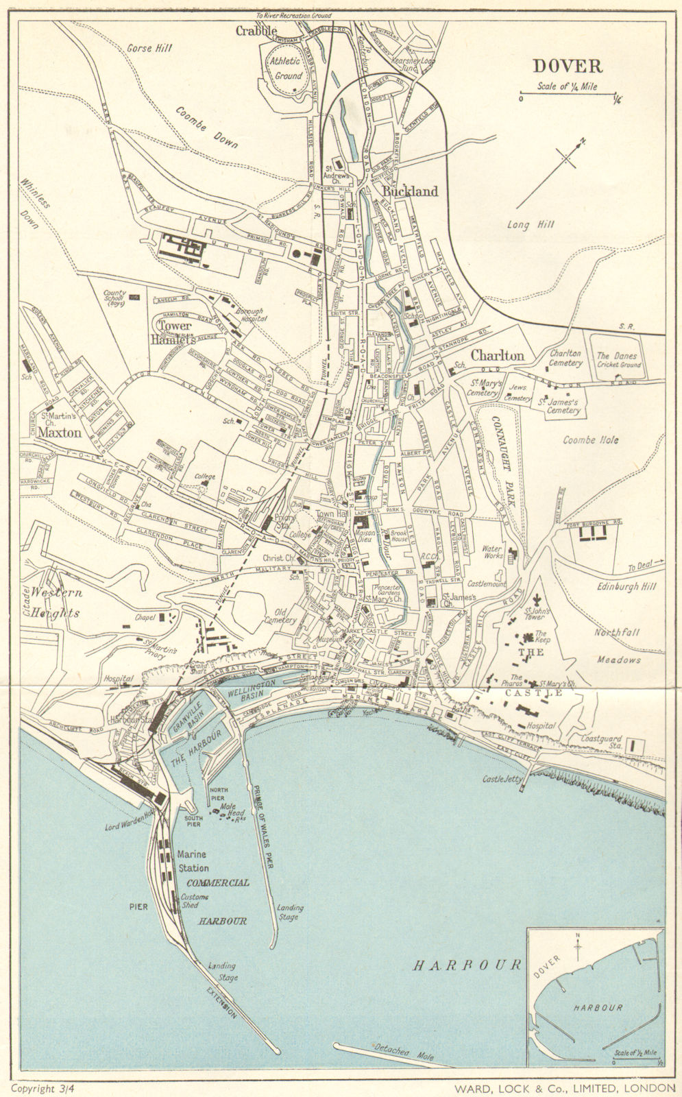 DOVER vintage town/city plan. WARD LOCK c1960 old vintage map chart ...