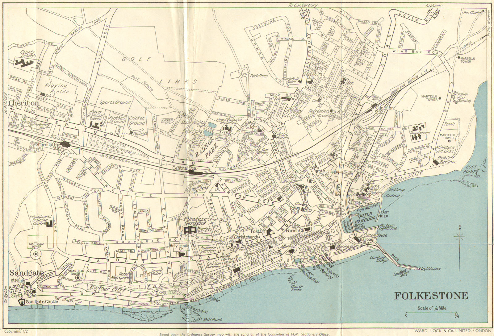 FOLKESTONE vintage town/city plan. Kent. WARD LOCK c1960 old vintage ...