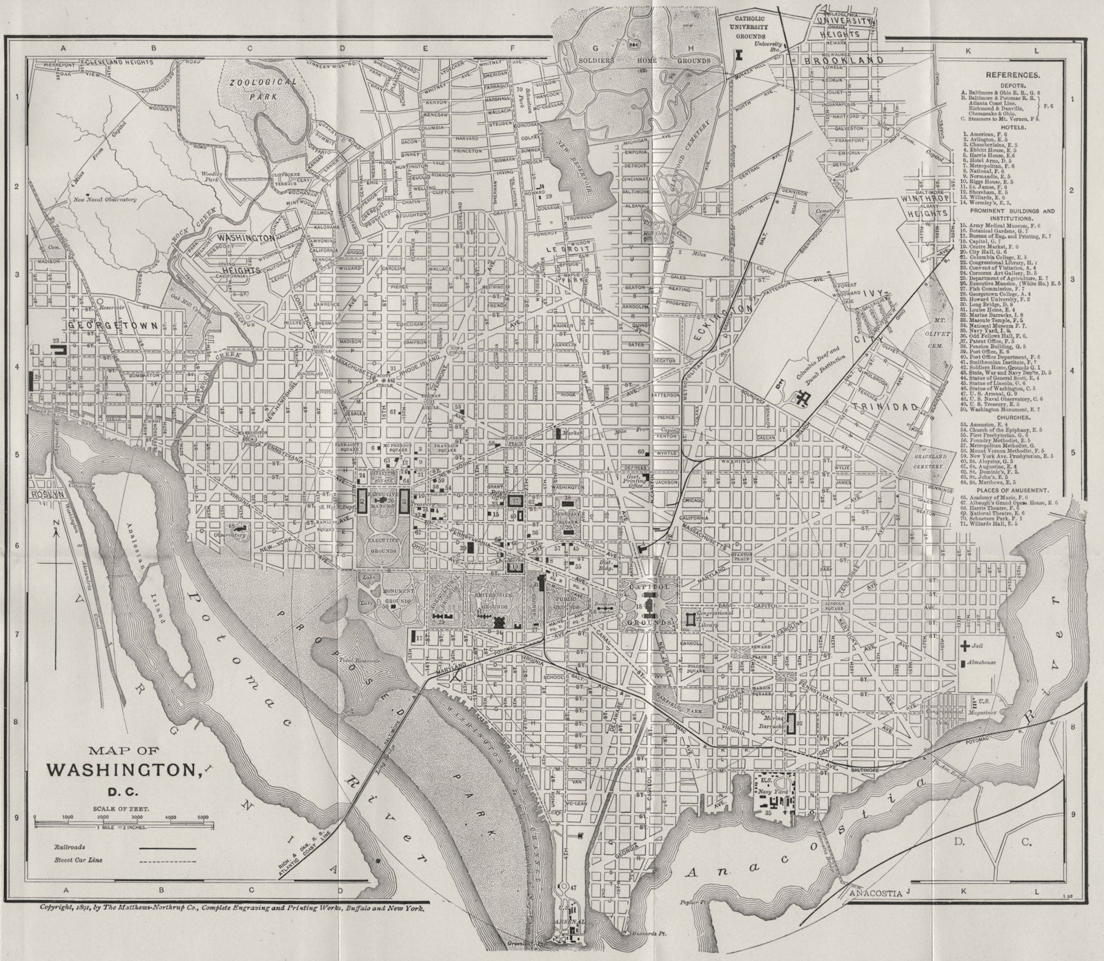 WASHINGTON DC. Antique City Town Map plan 1893 old chart ...