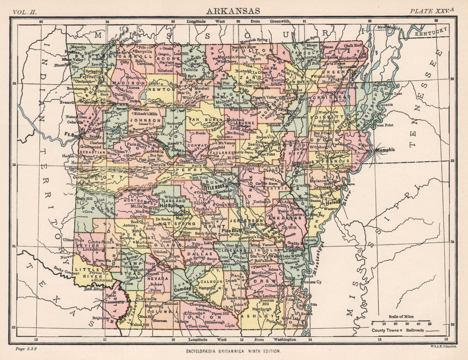 ARKANSAS. State map. Counties/Railroads.Little Rock. Britannica 9th ed ...