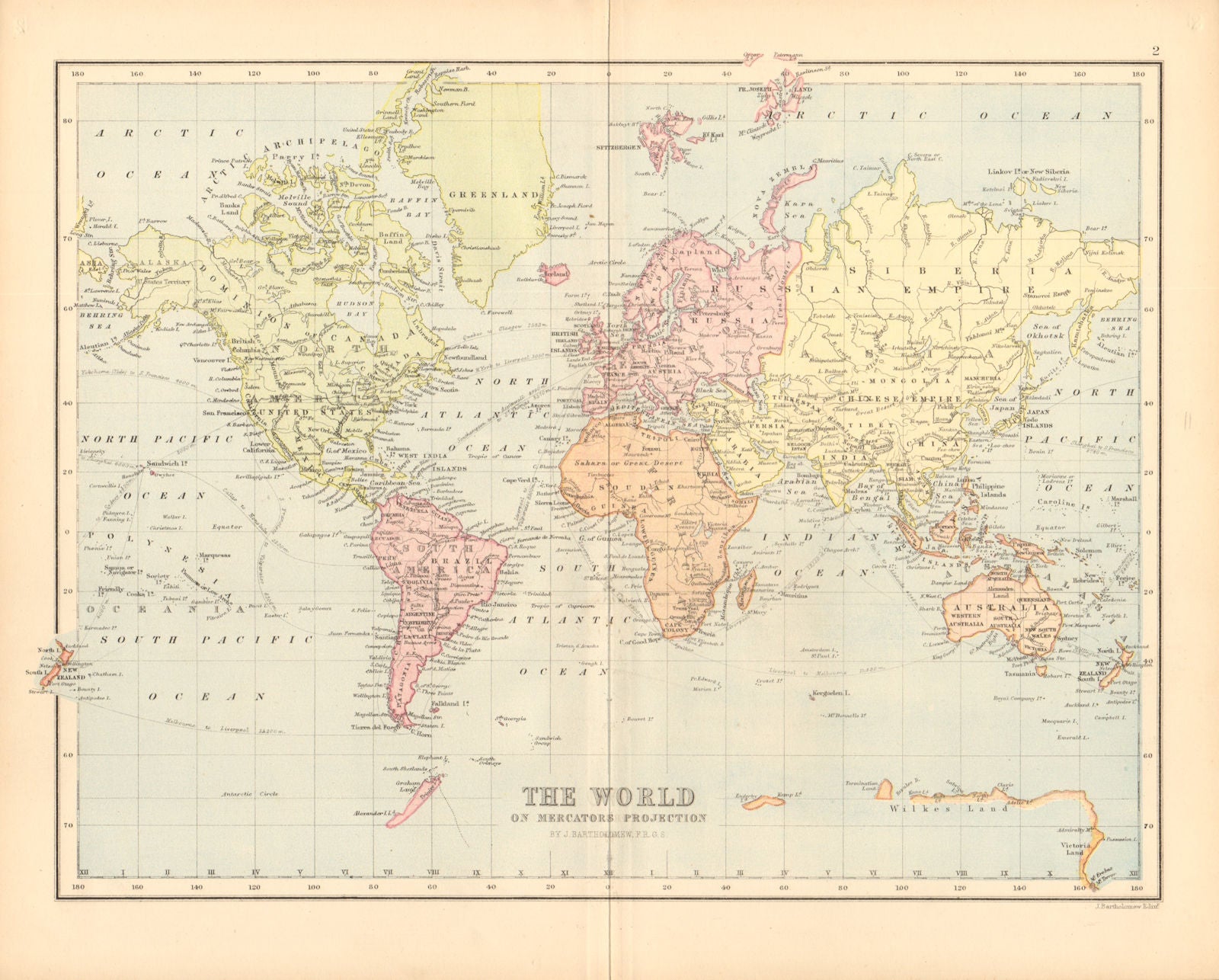 'The World on Mercators Projection'. BARTHOLOMEW 1876 old antique map ...