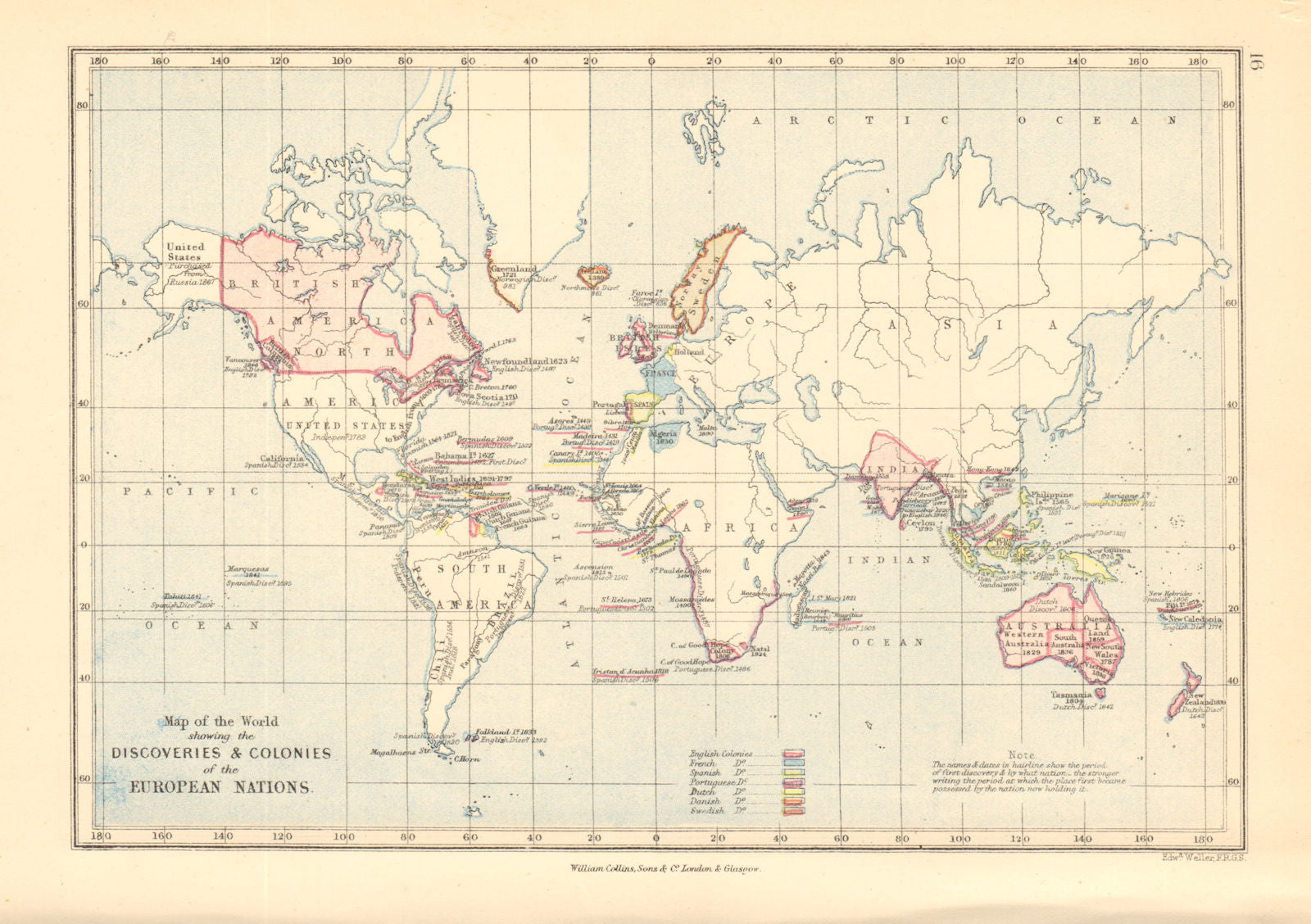 WORLD SHOWING EUROPEAN COLONISATION. British French Spanish Swedish &c ...
