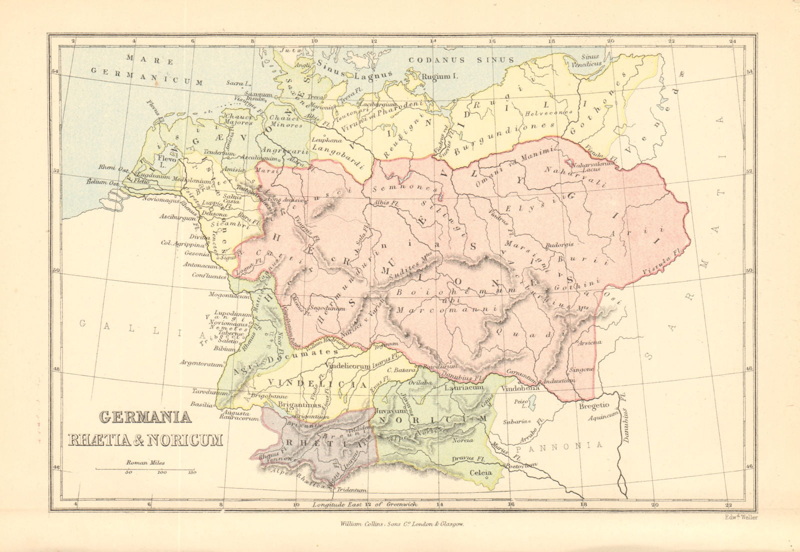 ANCIENT GERMANY. 'Germania Rhaetia & Noricum'. Roman provinces 1876 old ...