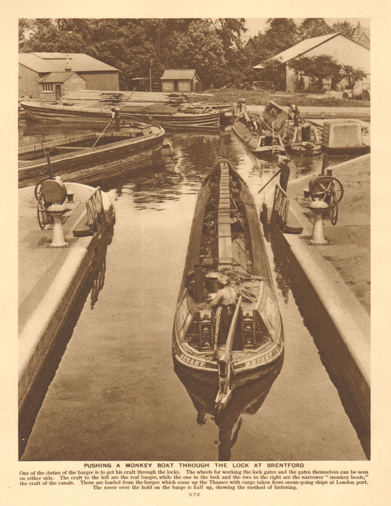 Pushing a monkey boat through the lock at Brentford. Canal boat 1926 ...