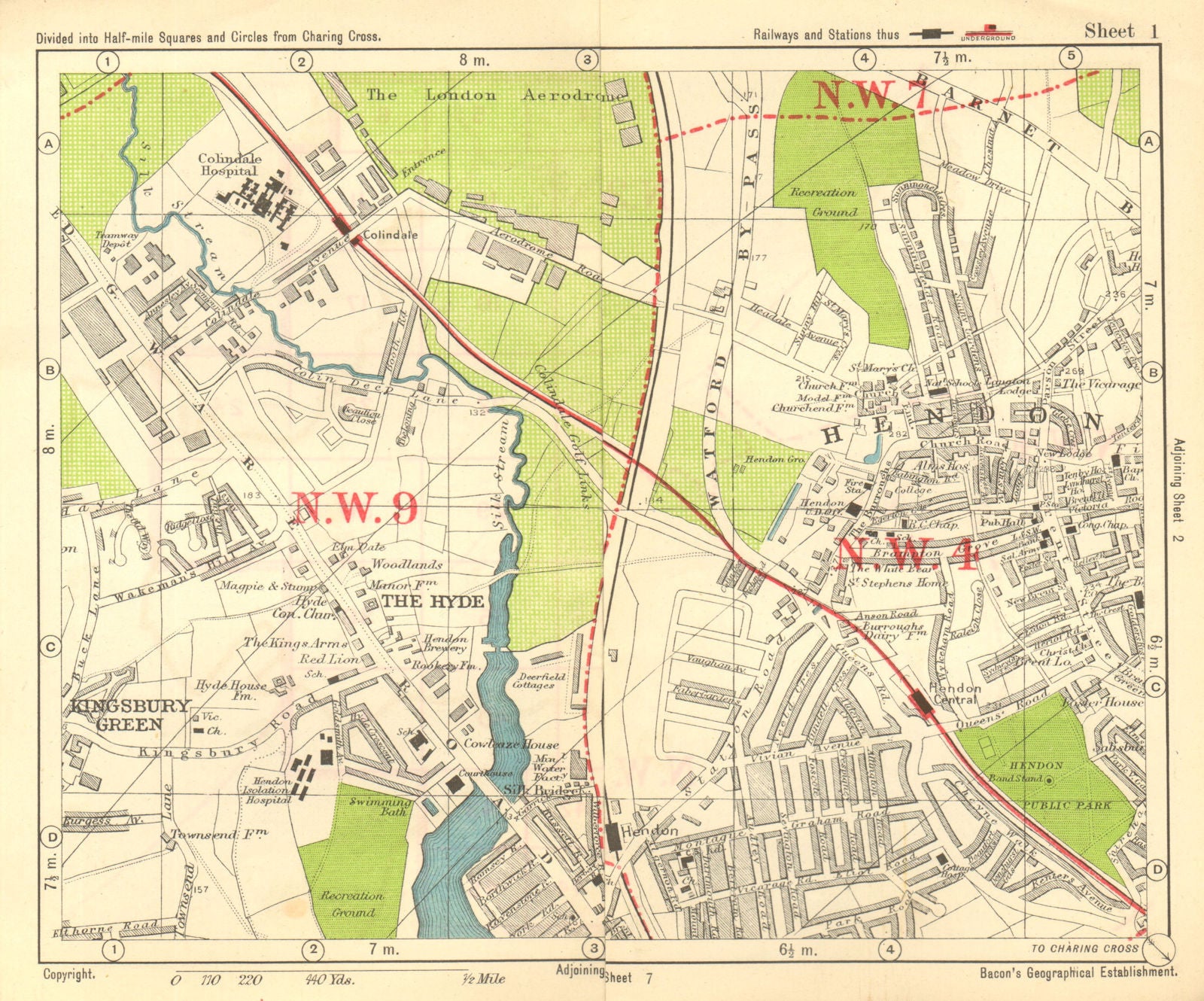 NW LONDON. Hendon Aerodrome Kingsbury Green The Hyde. BACON 1928 old ...