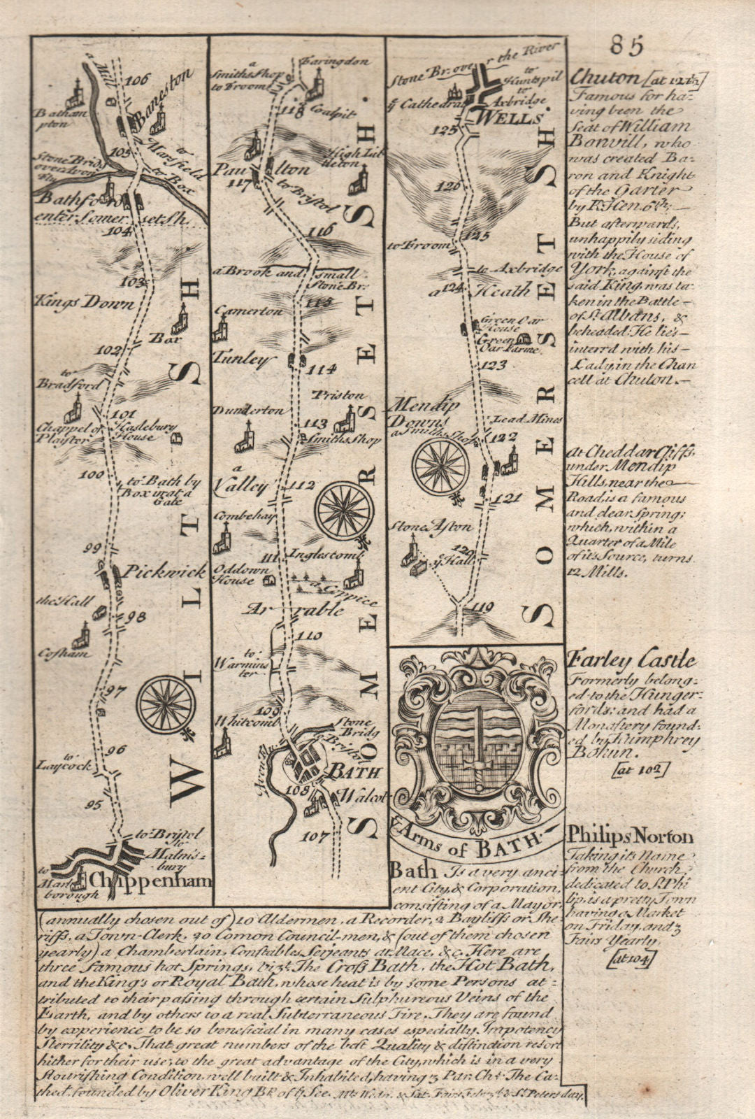 Chippenham-Bath-Paulton-Wells road strip map by J. OWEN & E. BOWEN 1753 ...