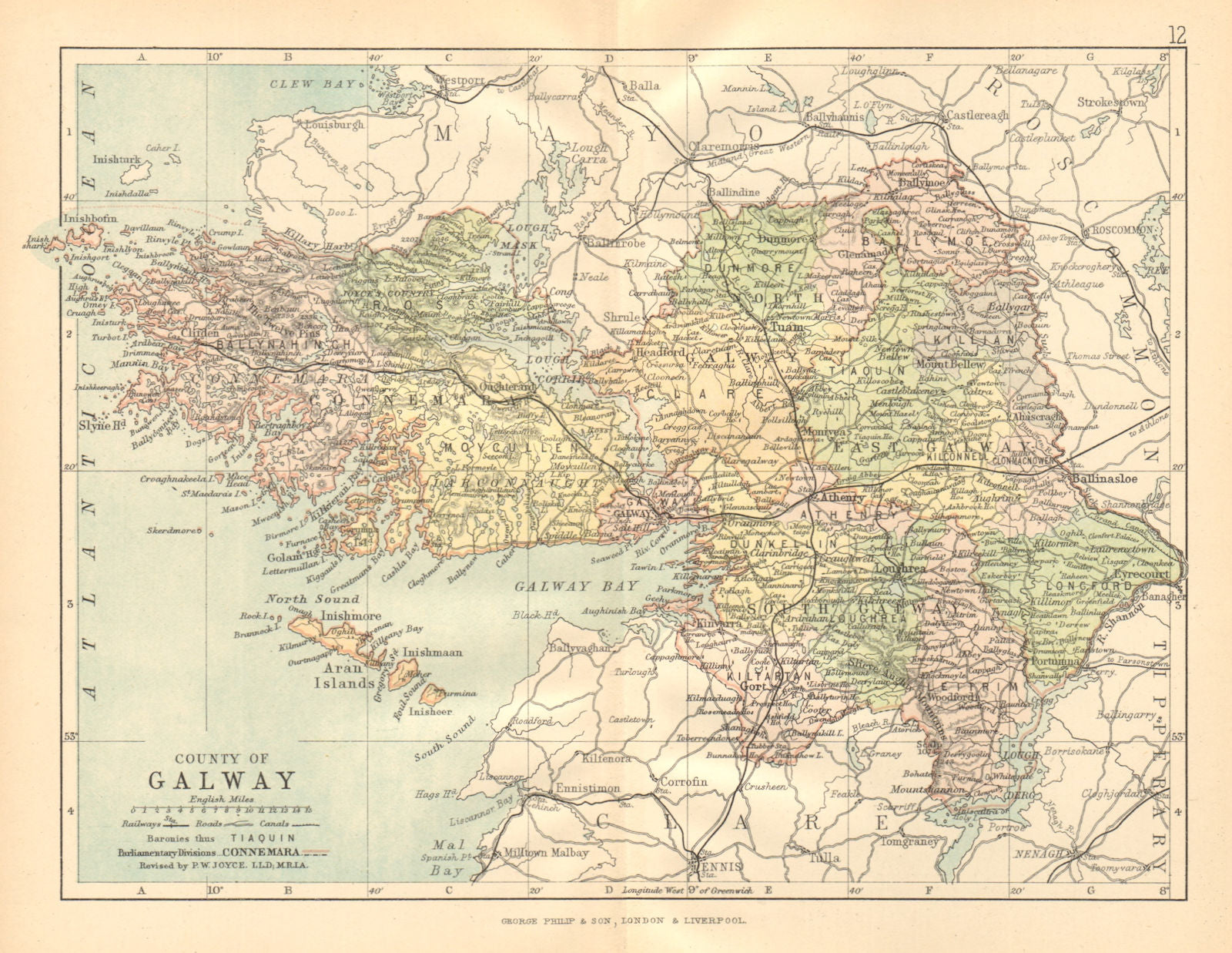 COUNTY GALWAY. Antique county map. Connaught. Ireland. BARTHOLOMEW ...