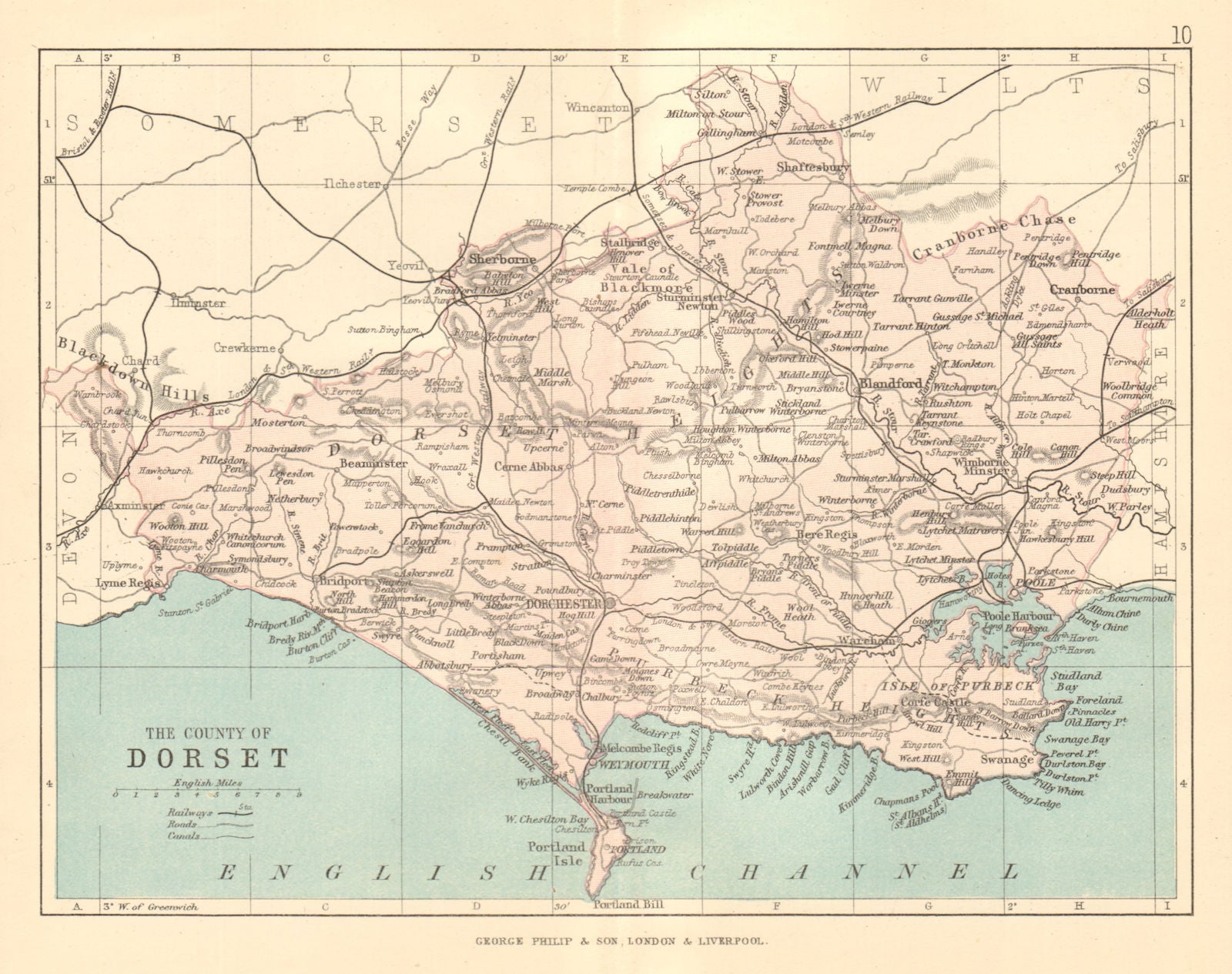 DORSET. Antique county map. Railways roads canals. PHILIP 1884 old ...