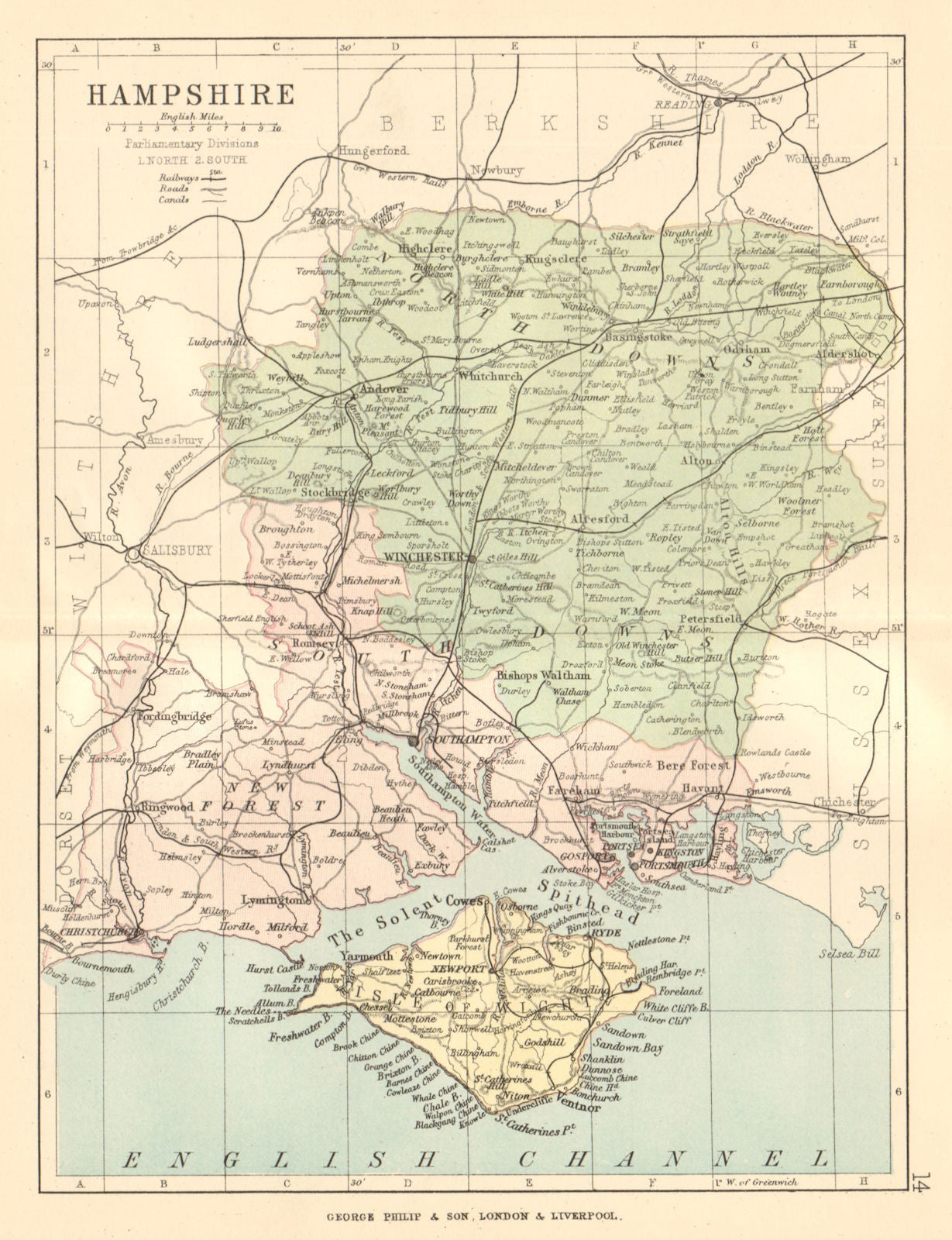 HAMPSHIRE. Antique county map. Railways roads canals constituencies ...