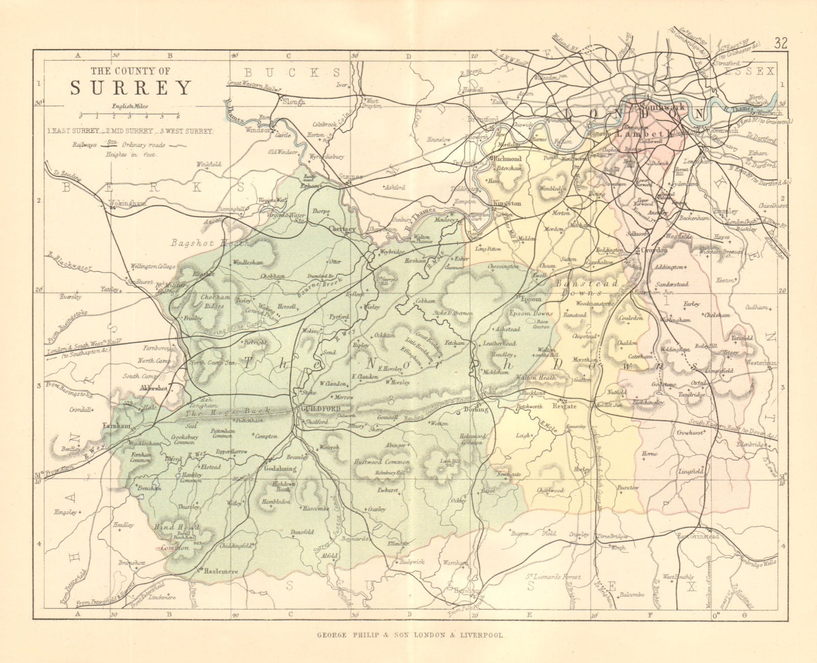 SURREY. Antique county map. Railways roads. Constituencies. London ...