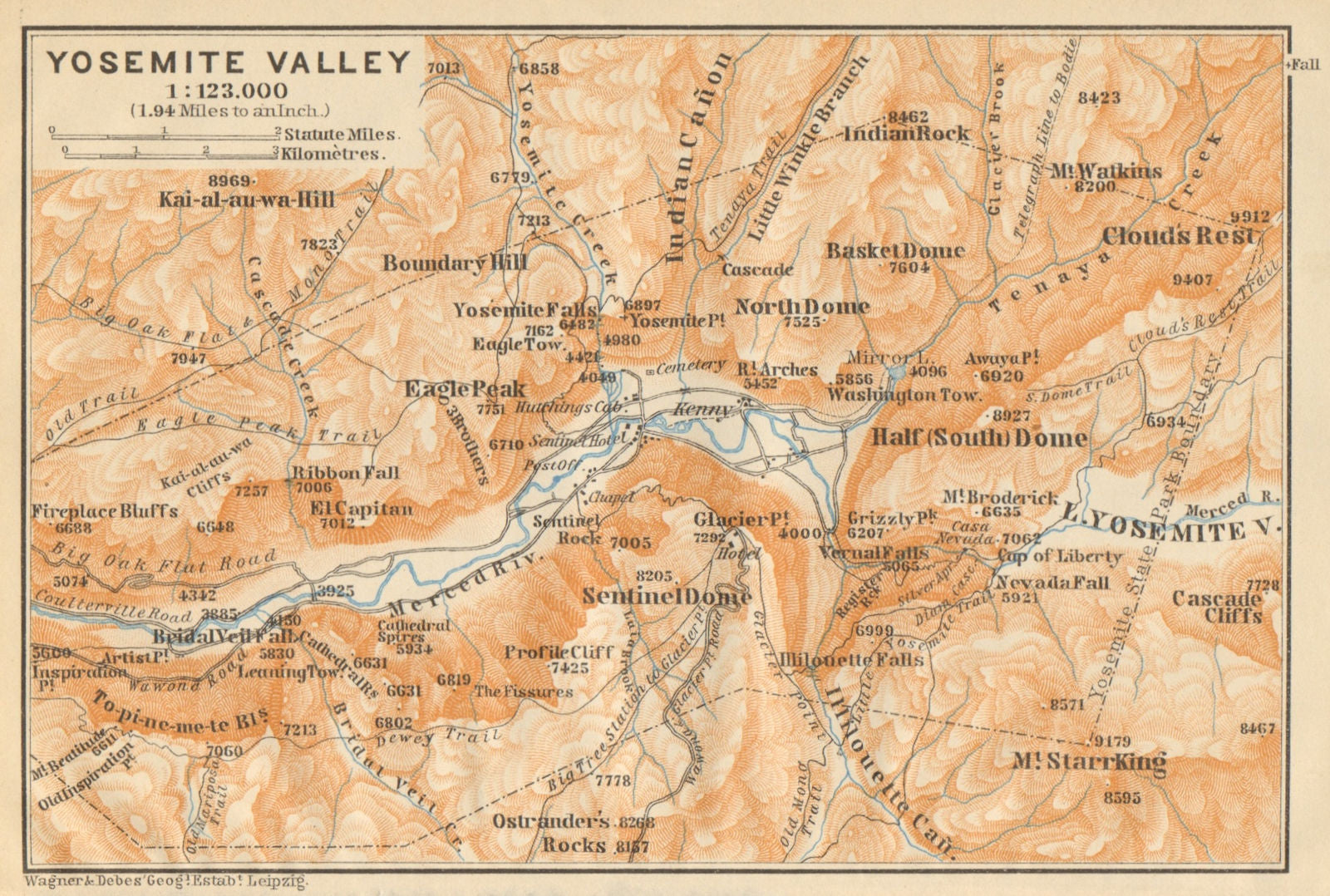 YOSEMITE VALLEY, California. Topo-map. BAEDEKER 1904 old antique chart ...