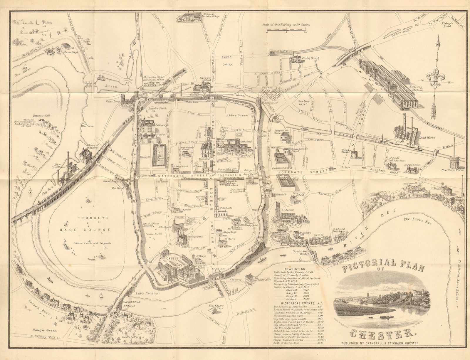 'Pictorial Plan of Chester'. Town plan by CATHERALL & PRICHARD c1870 ...