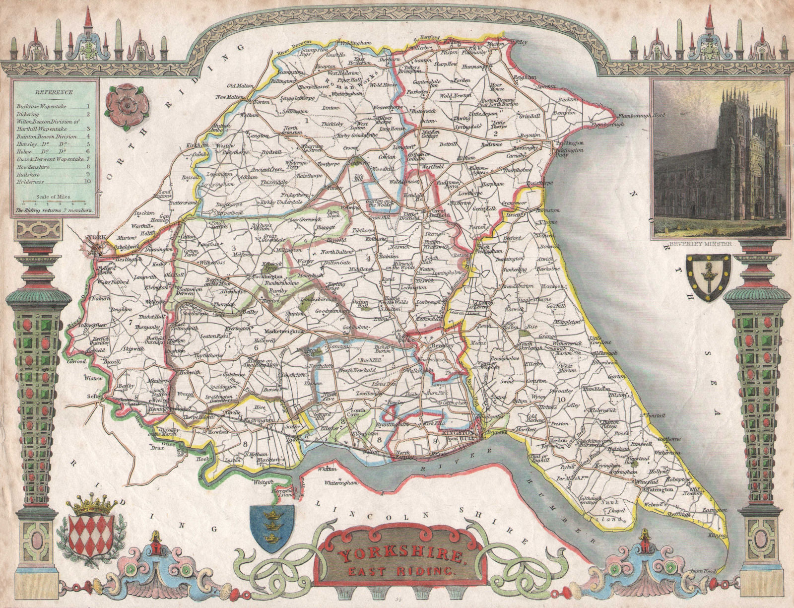 Yorkshire, East Riding antique hand-coloured county map. Wapentakes ...