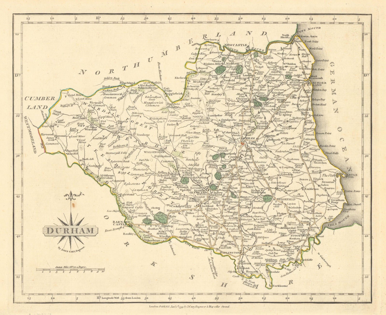 Antique county map of DURHAM by JOHN CARY. Original outline colour 1793 ...