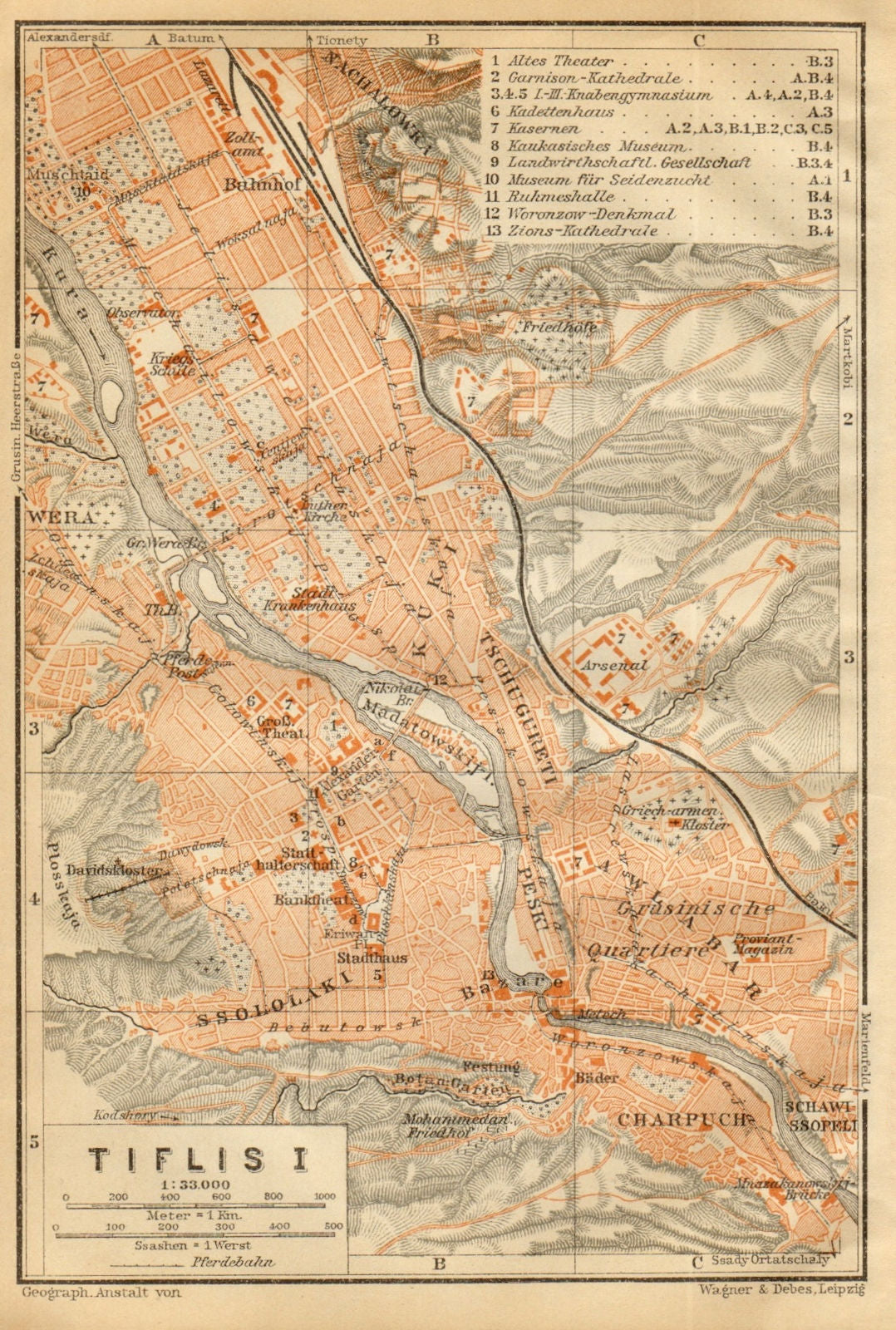 Tbilisi (Tiflis) I town/city plan. Georgia. BAEDEKER 1912 old antique ...