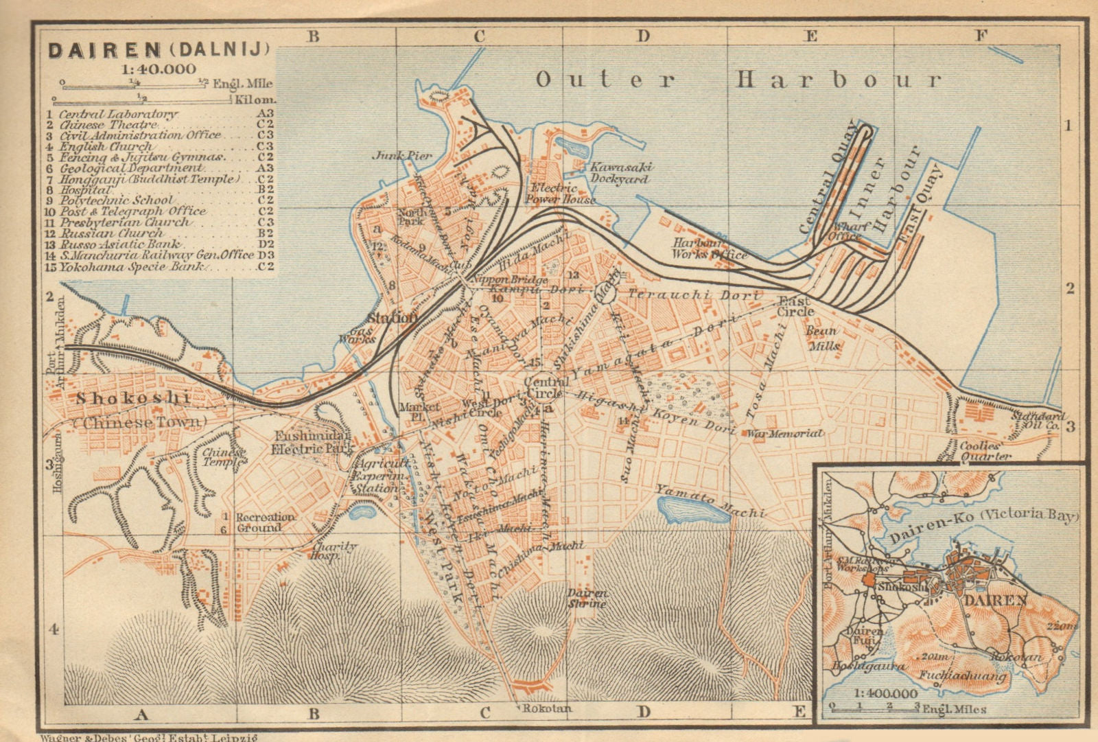 Dalian (Dairen/Dalniy) town/city plan. China. BAEDEKER 1912 old antique ...