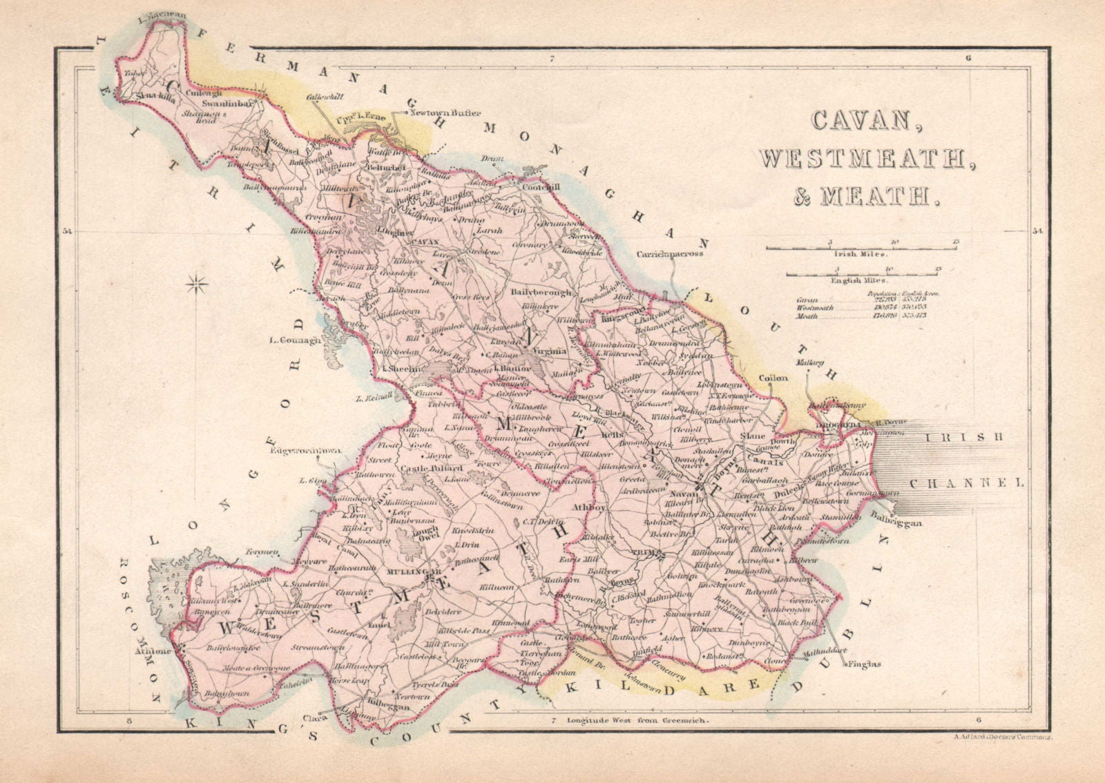 Antique CAVAN, WESTMEATH & MEATH county map by Alfred ADLARD. Ireland ...