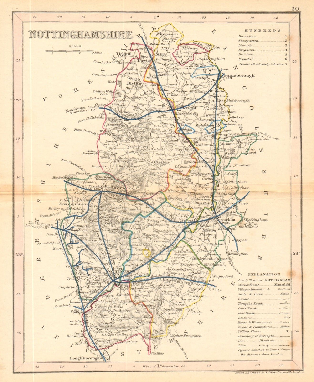 NOTTINGHAMSHIRE map by ARCHER & DUGDALE. Seats polling places canals ...
