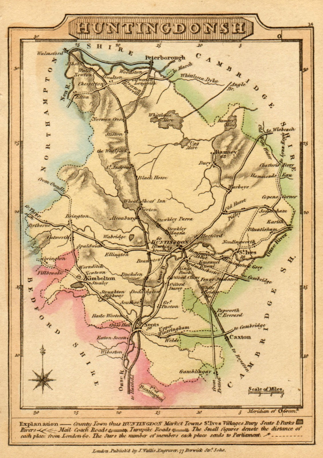 Antique county map of Huntingdonshire by James Wallis. Hand coloured ...