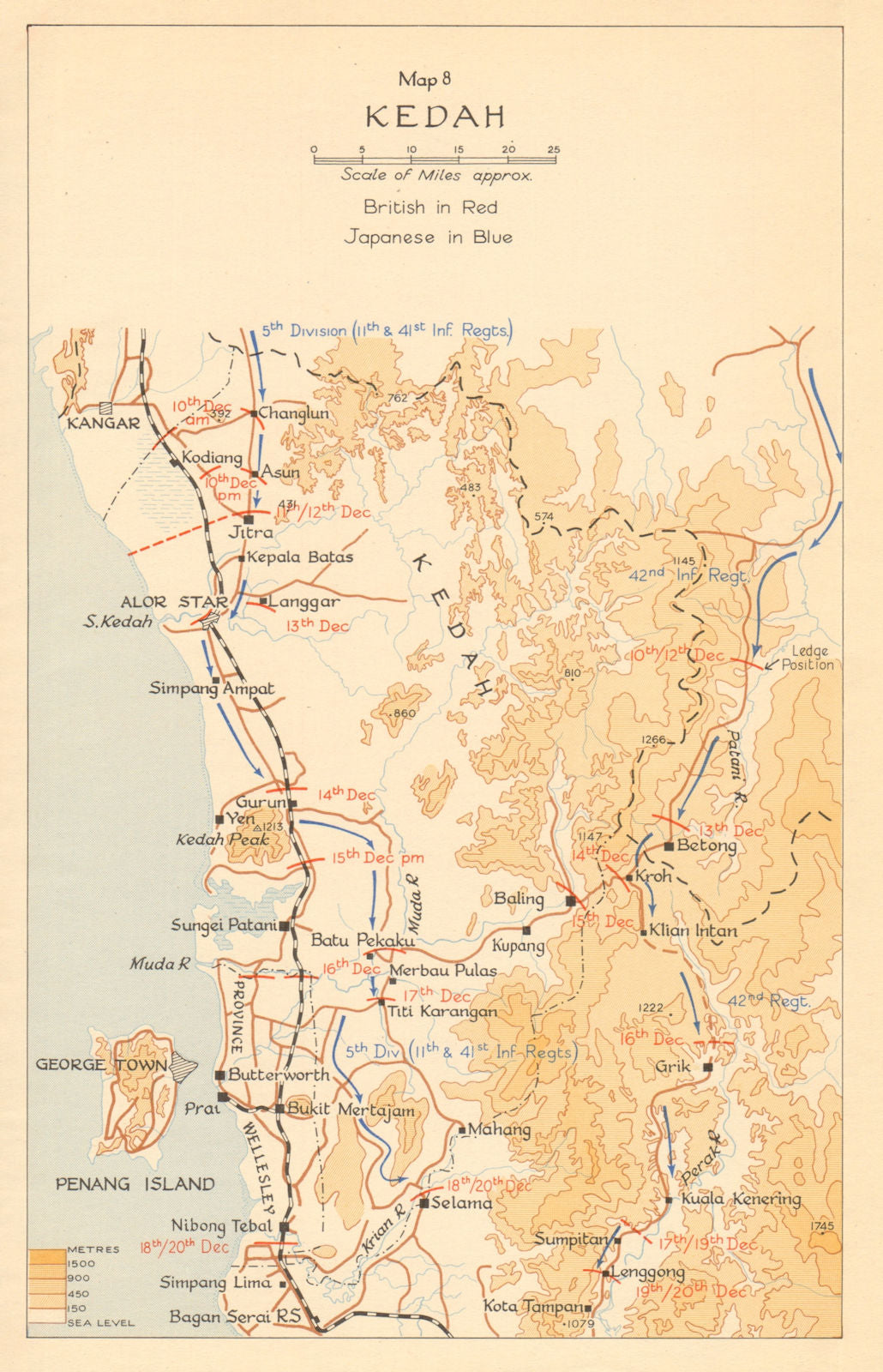 Kedah. Japanese invasion of Malaya. December 1941 1957 old vintage map ...