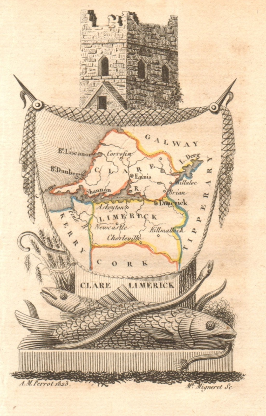 CLARE & LIMERICK antique county map by PERROT. Munster 1824 old ...