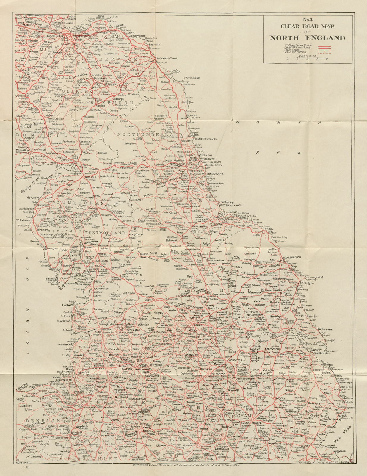 No.4 Clear Road Map of Northern England. GEOGRAPHIA c1935 old vintage ...
