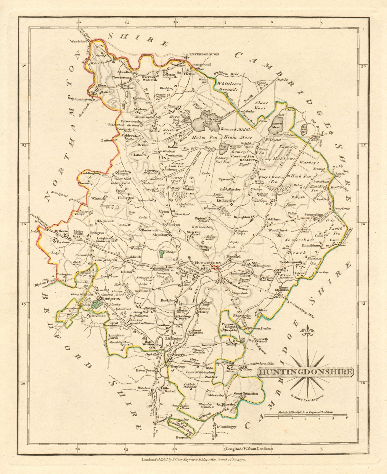 Antique county map of HUNTINGDONSHIRE by JOHN CARY. Original colour ...