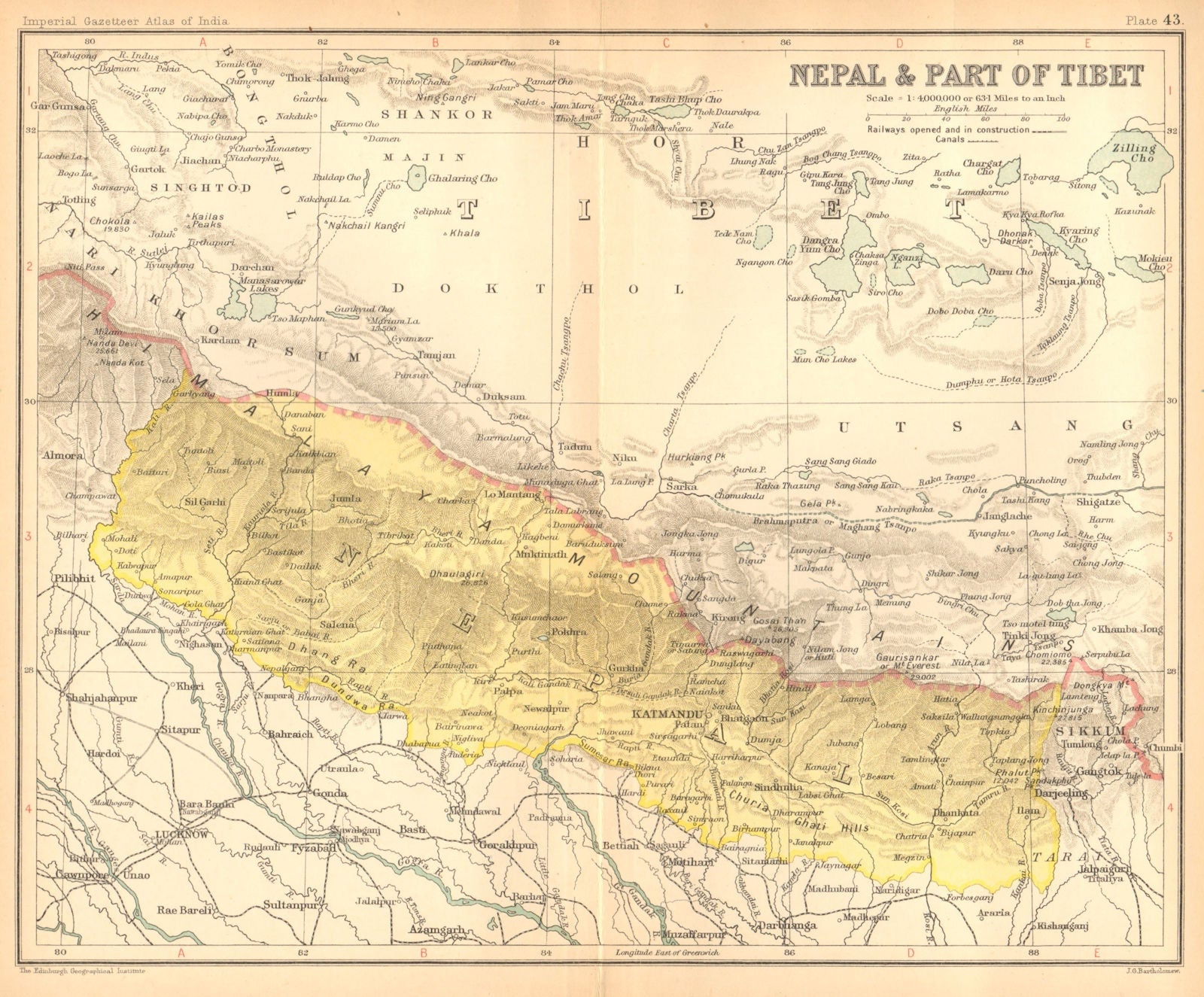 Nepal & part of Tibet. Himalayas. Kathmandu 1909 old antique map plan ...