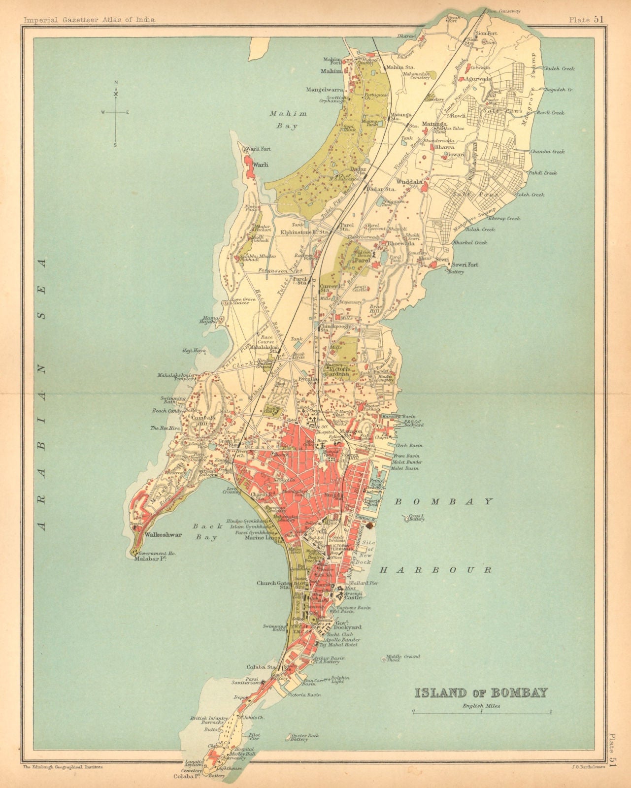 Bombay Island town city plan. Mumbai. British India 1909 old antique ...