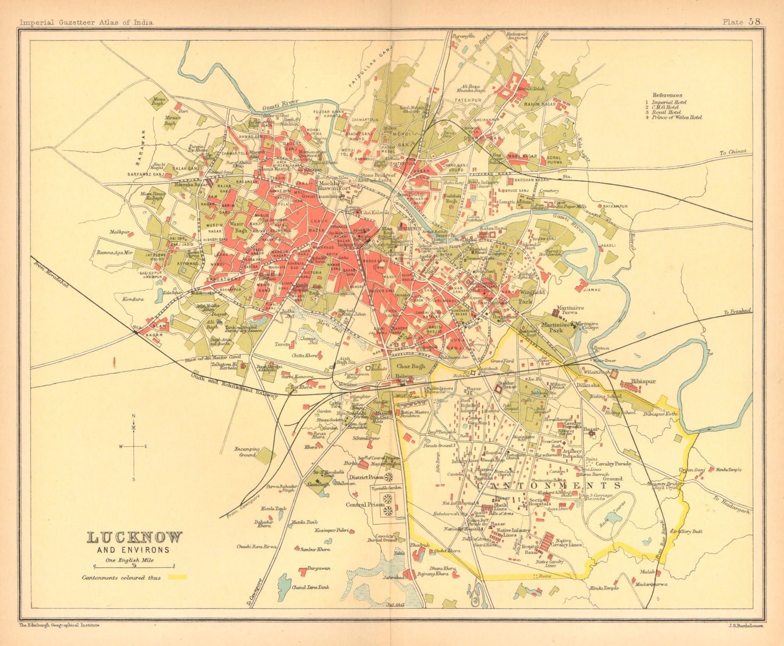 Lucknow town city plan. Cantonment & key buildings. British India 1909 ...