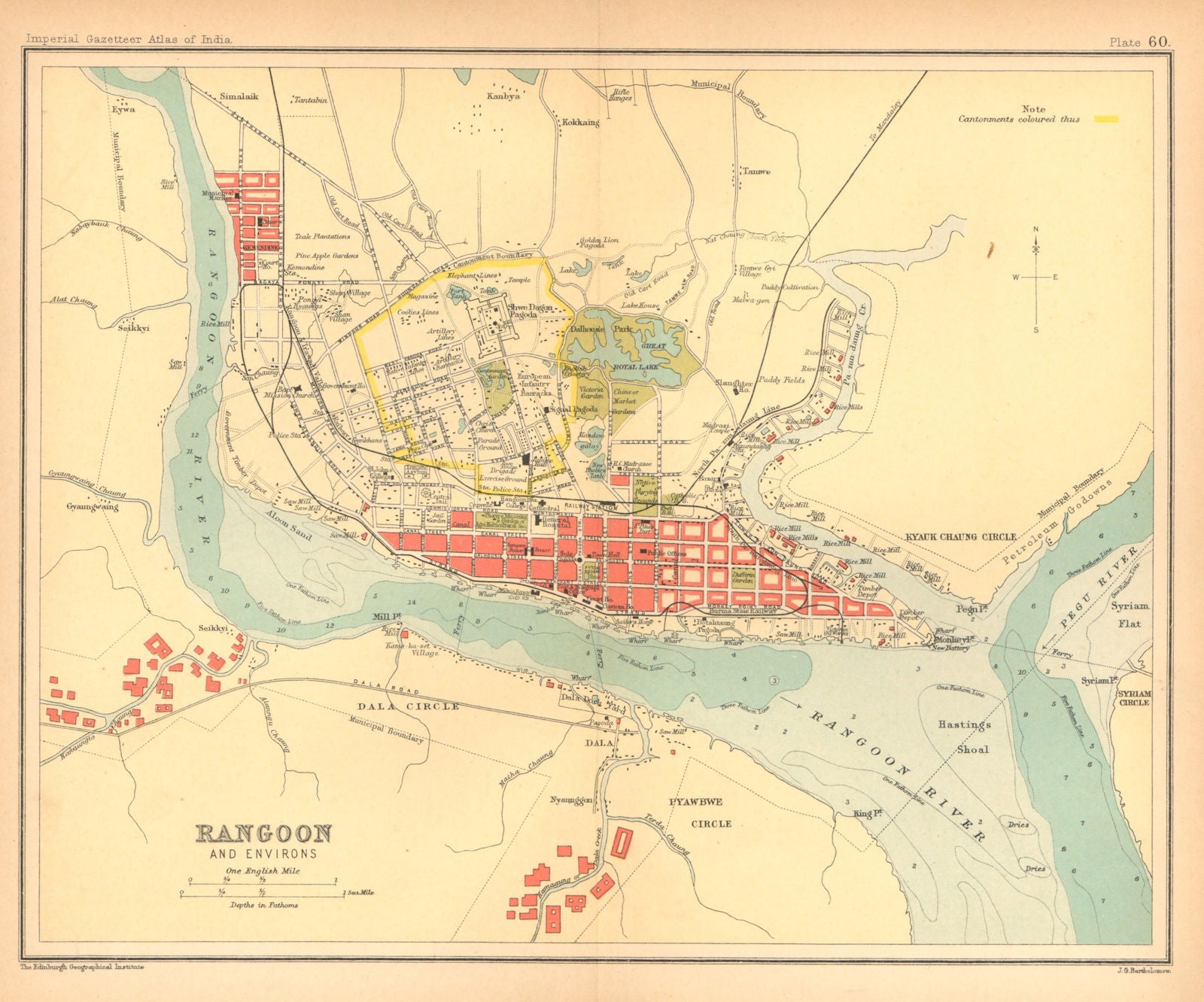 Rangoon/Yangon town city plan. Myanmar. Cantonment. British Burma 1909 ...
