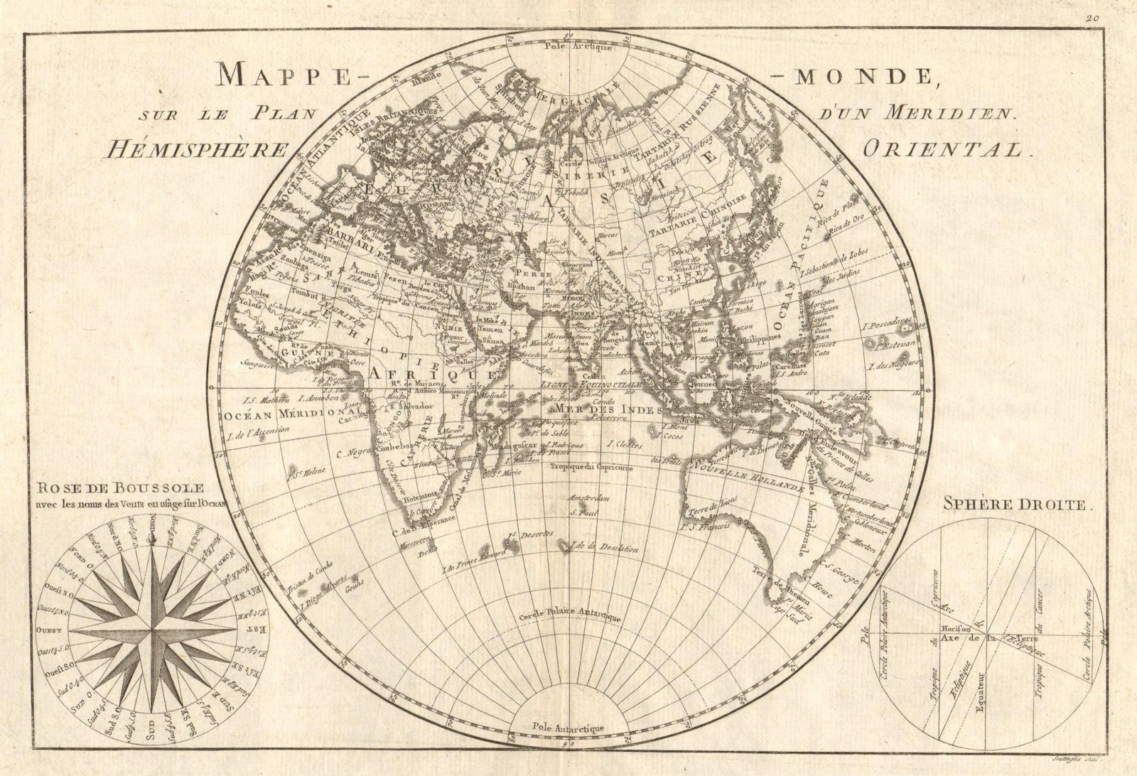 Mappe-monde sur le plan d’un Méridien, hemisphere Oriental. BONNE 1789 ...