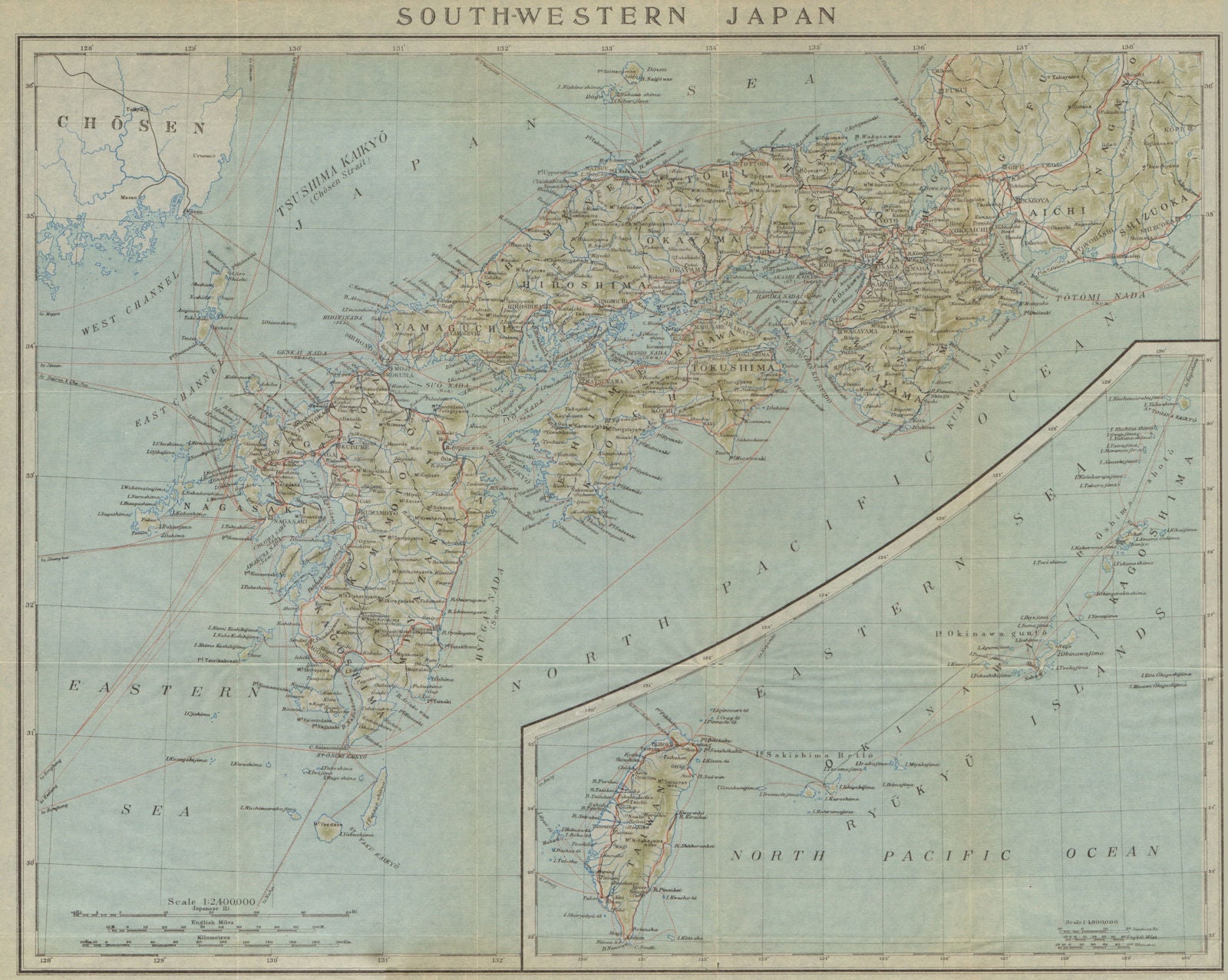South-Western Japan. Honshu, Shikoku, Kyushu & Taiwan 1914 old antique ...