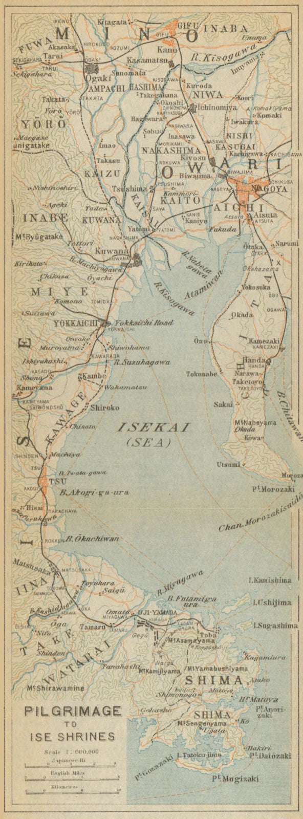Pilgrimage to Ise Shrines. Ise Bay & Nagoya. Japan 1914 old antique map ...