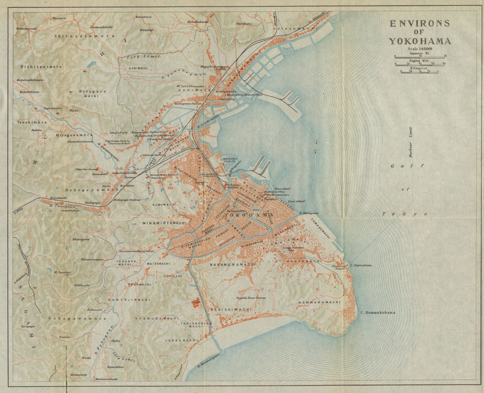 Yokohama & environs antique town city plan. Japan 1914 old map chart ...