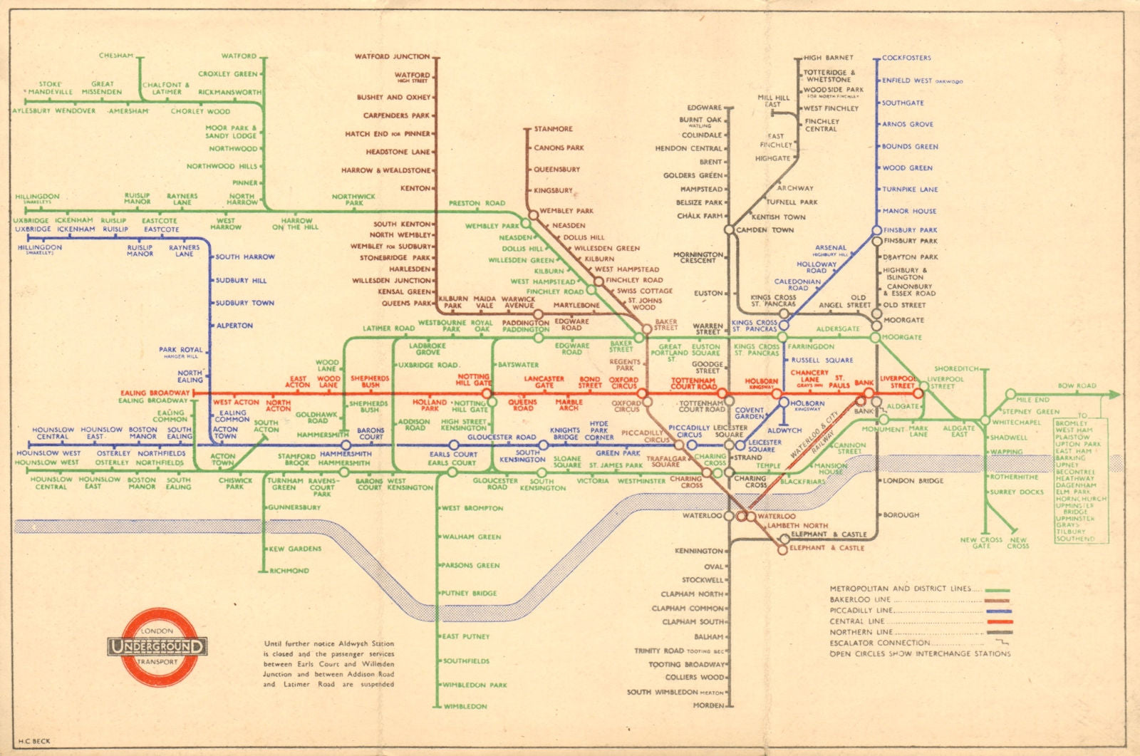 LONDON UNDERGROUND tube map plan diagram. Green Metropolitan Line. BECK ...