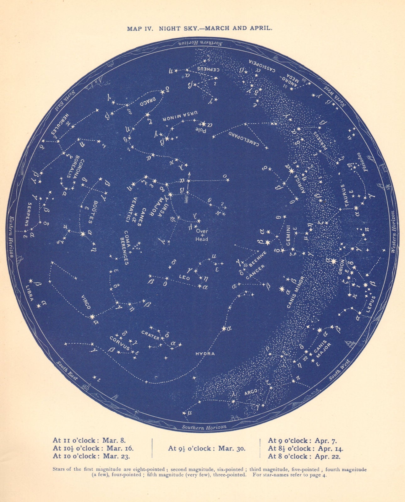 STAR MAP IV. The Night Sky. March-April. Astronomy. PROCTOR 1887 old ...