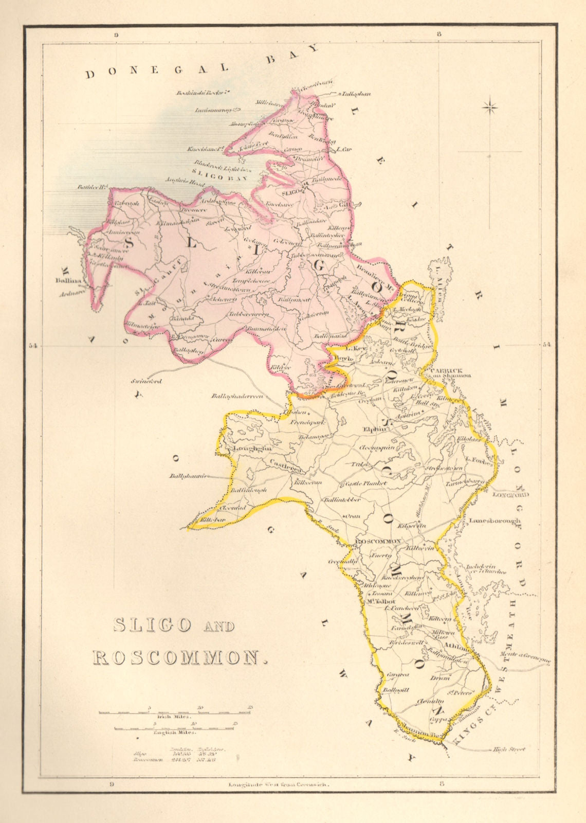Antique SLIGO AND ROSCOMMON county map by Alfred ADLARD. Ireland 1843 ...