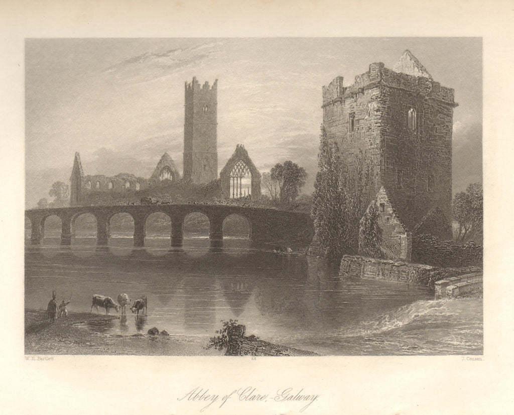 Abbey of Clare, Galway. Claregalway Friary, Ireland 1843 old antique ...
