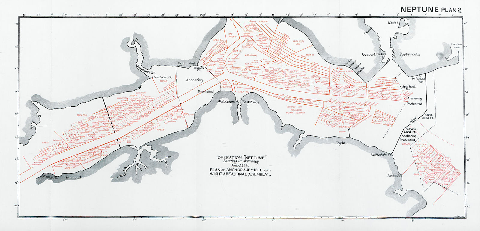 Normandy Landings D-Day June 1944. Solent anchorage plan. Isle of Wight ...