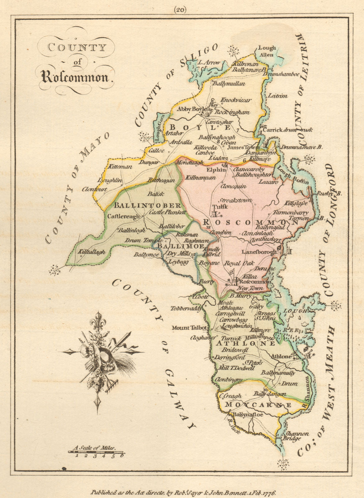 County of Roscommon, Connaught. Antique copperplate map. Scalé / Sayer ...