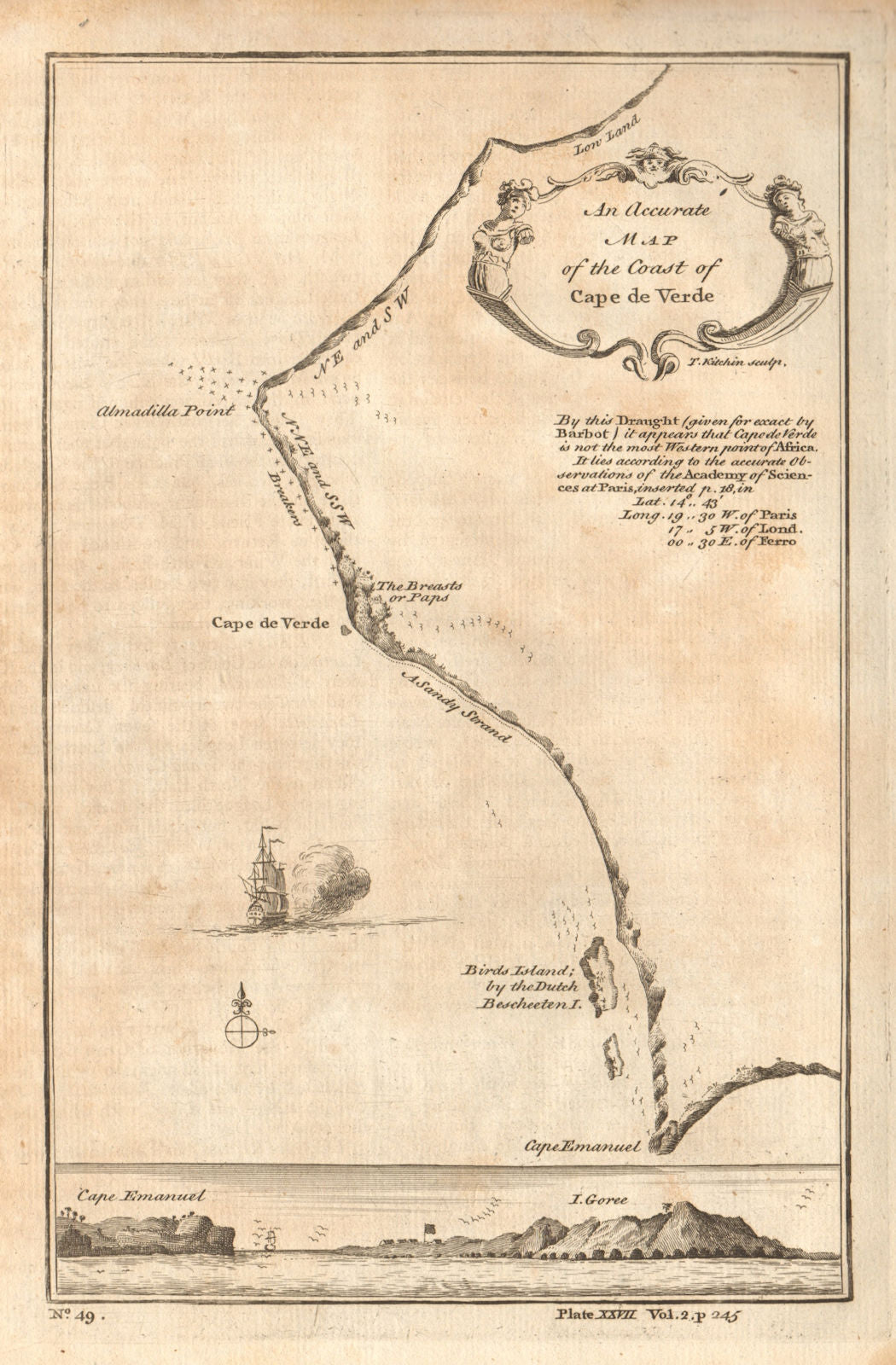 Map of the coast of Cape de Verde. Cap Vert Senegal Dakar. KITCHIN 1745 ...