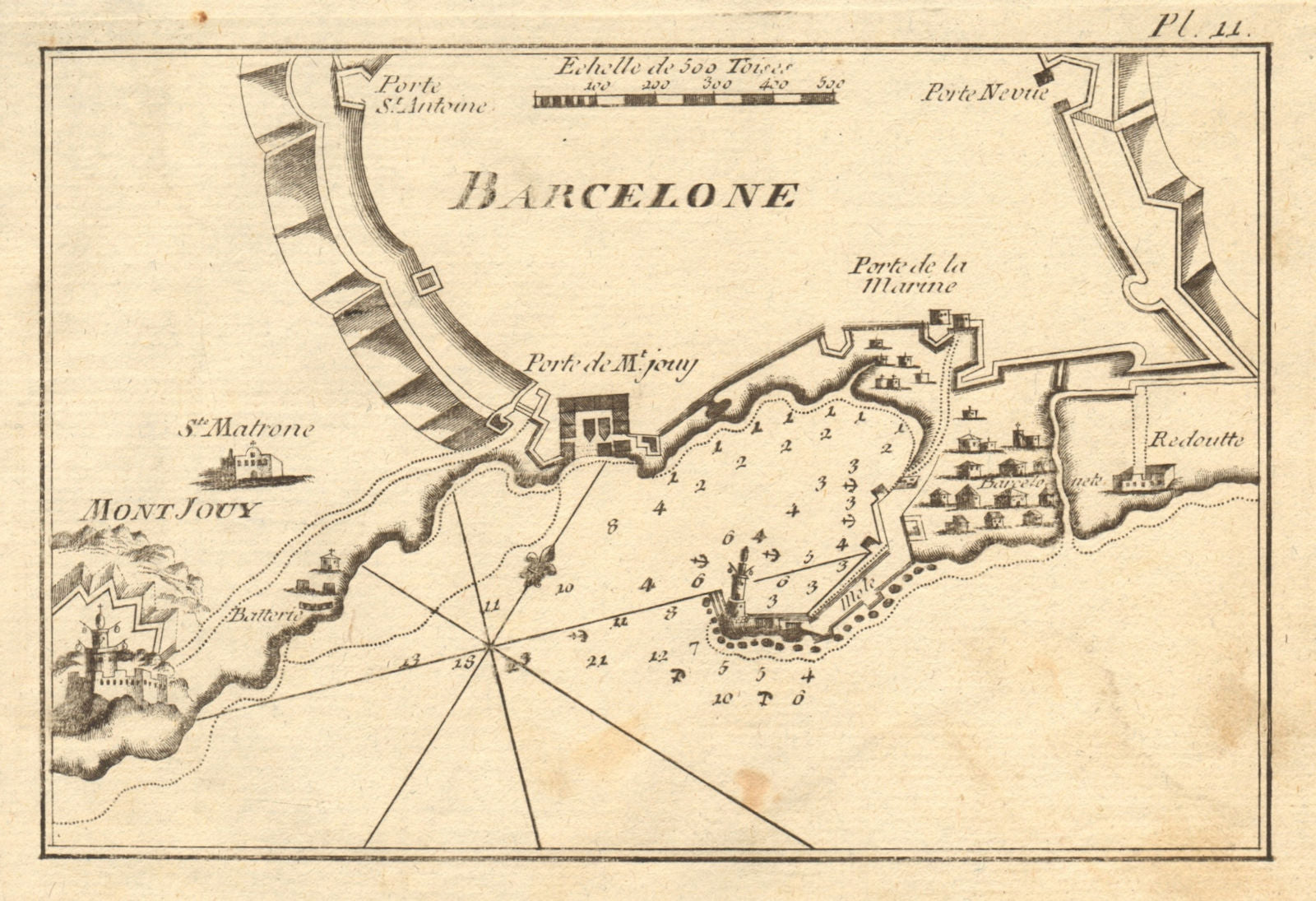Barcelone. Port and roadstead of Barcelona. Spain. ROUX 1804 old ...