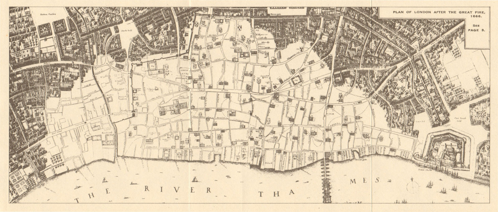 MEDIEVAL LONDON. Plan of London after the Great Fire 1666 1923 old ...